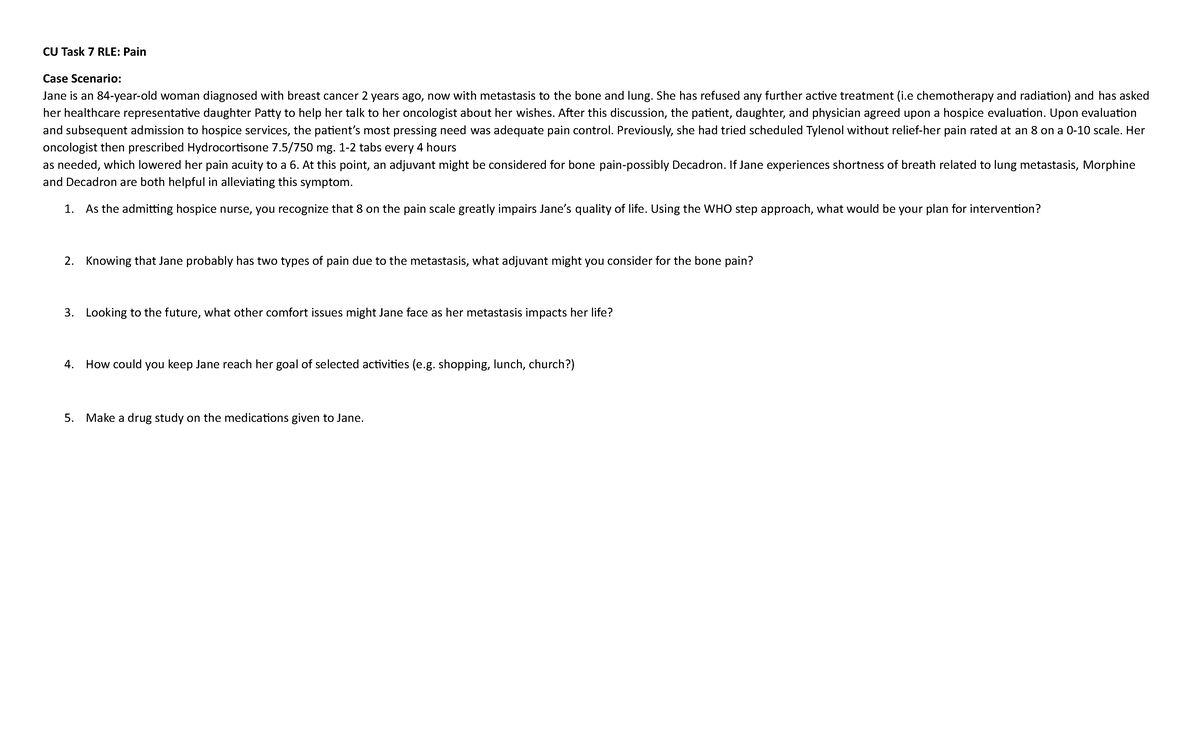 CU Task 7 RLE ( Geria) - COURSE TASK - CU Task 7 RLE: Pain Case ...
