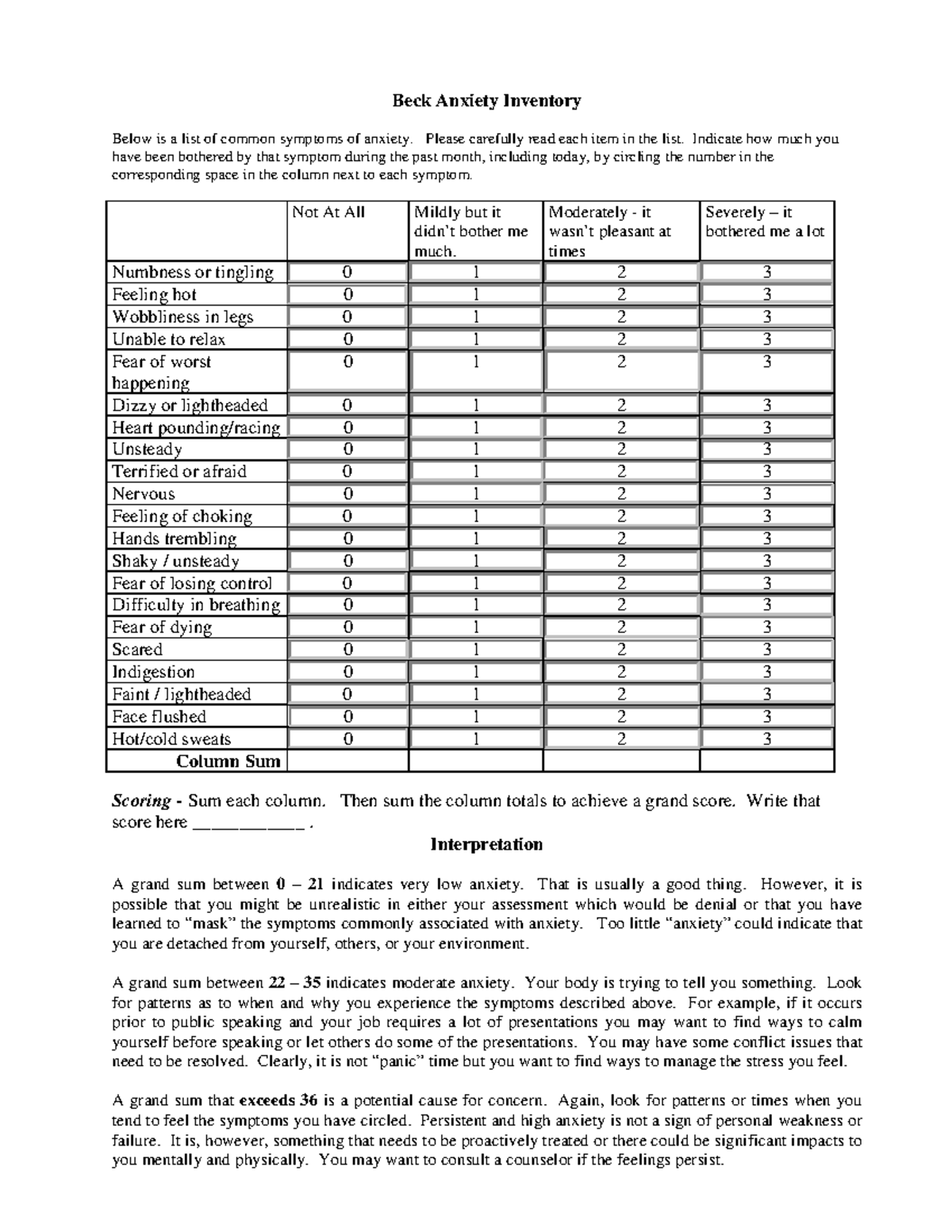1. Beck Anxiety Inventory - Beck Anxiety Inventory Below is a list of ...