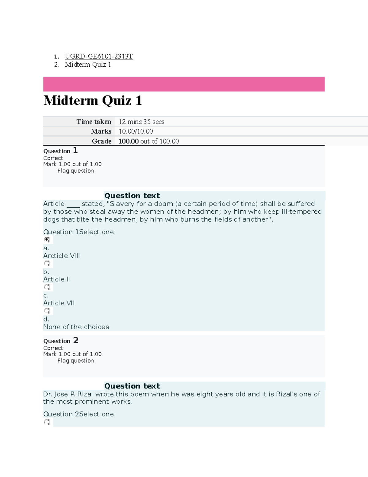 Midterm quiz 1 reading in philippine history - 1. UGRD-GE6101-2313T 2. Midterm Quiz 1 Midterm ...