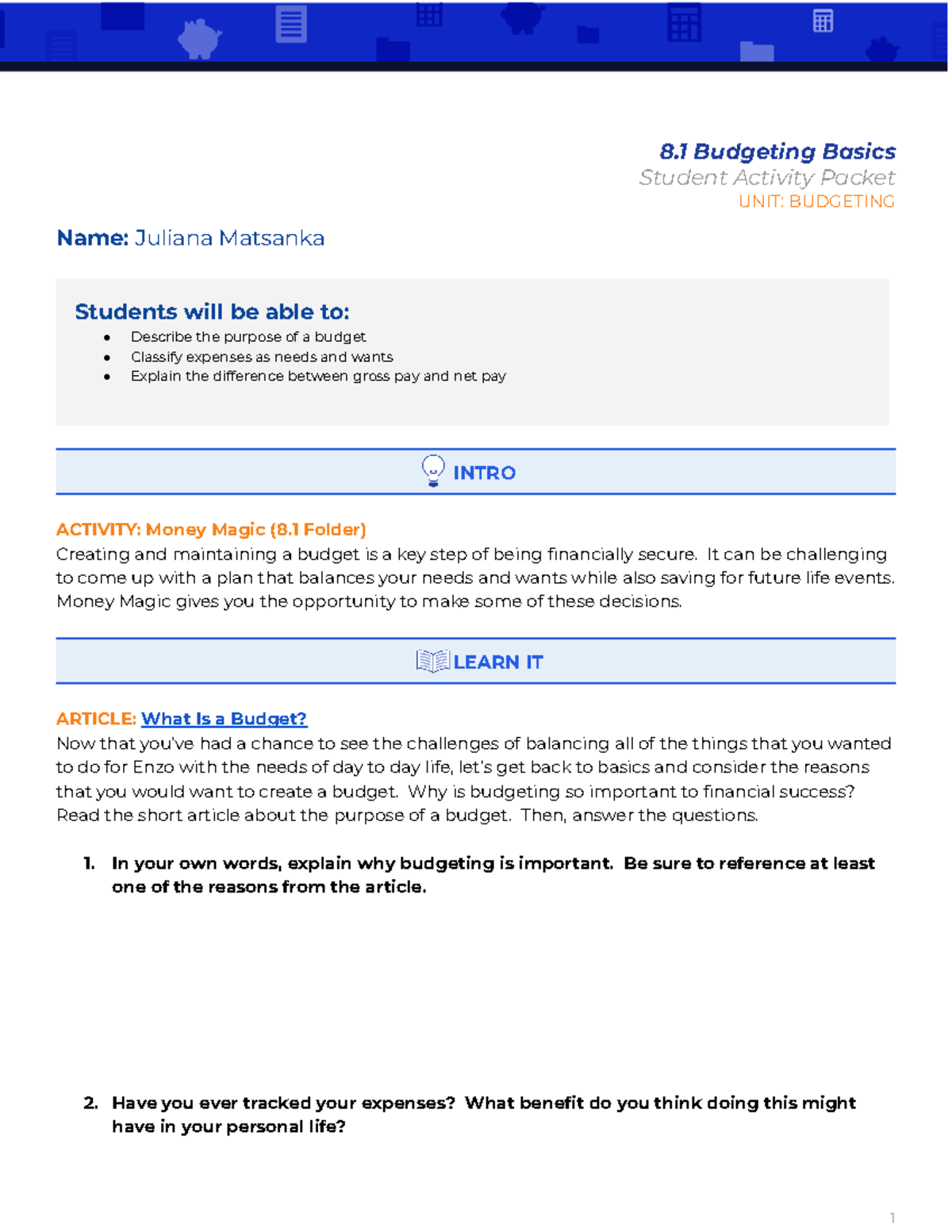 Jules Matsanka - 81 SAP - 3258420.1 Student Activity Packet - 8 ...