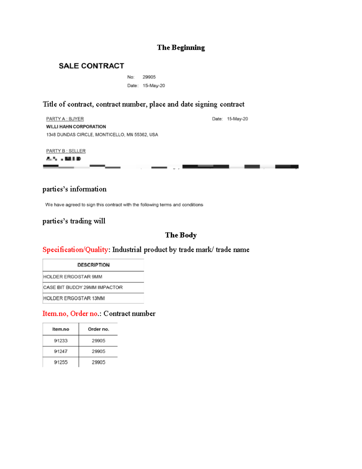 Sale Contract - The Beginning Title of contract, contract number, place ...
