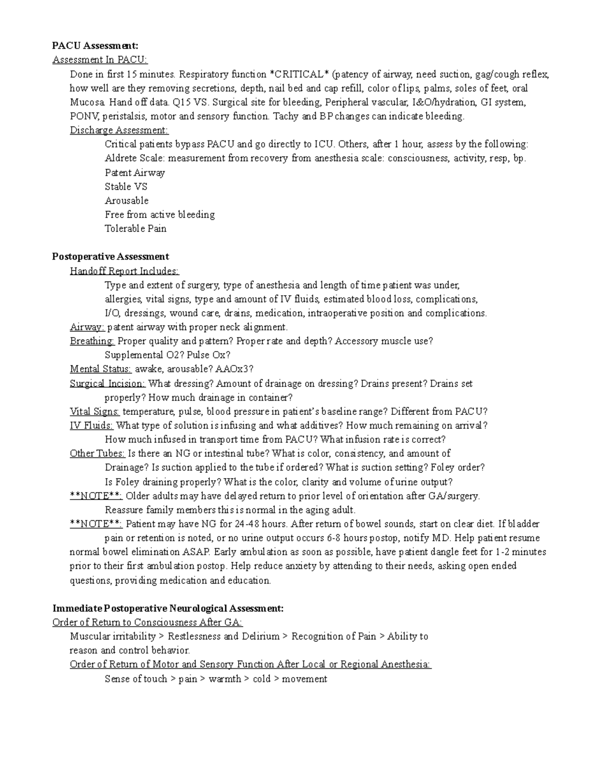 2. Post-Operative Care - PACU Assessment: Assessment In PACU: Done in ...