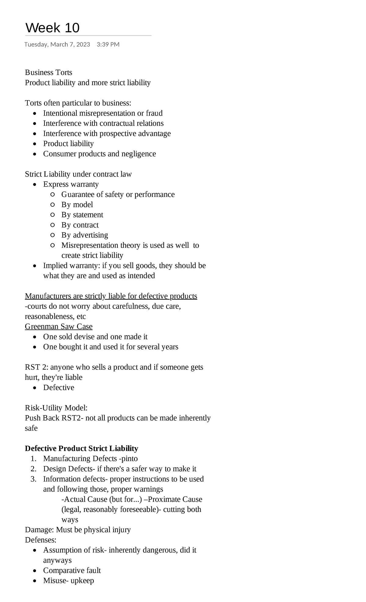 WK10 - Week 10 Lecture Notes and Slide notes - Week 10 Tuesday, March 7 ...