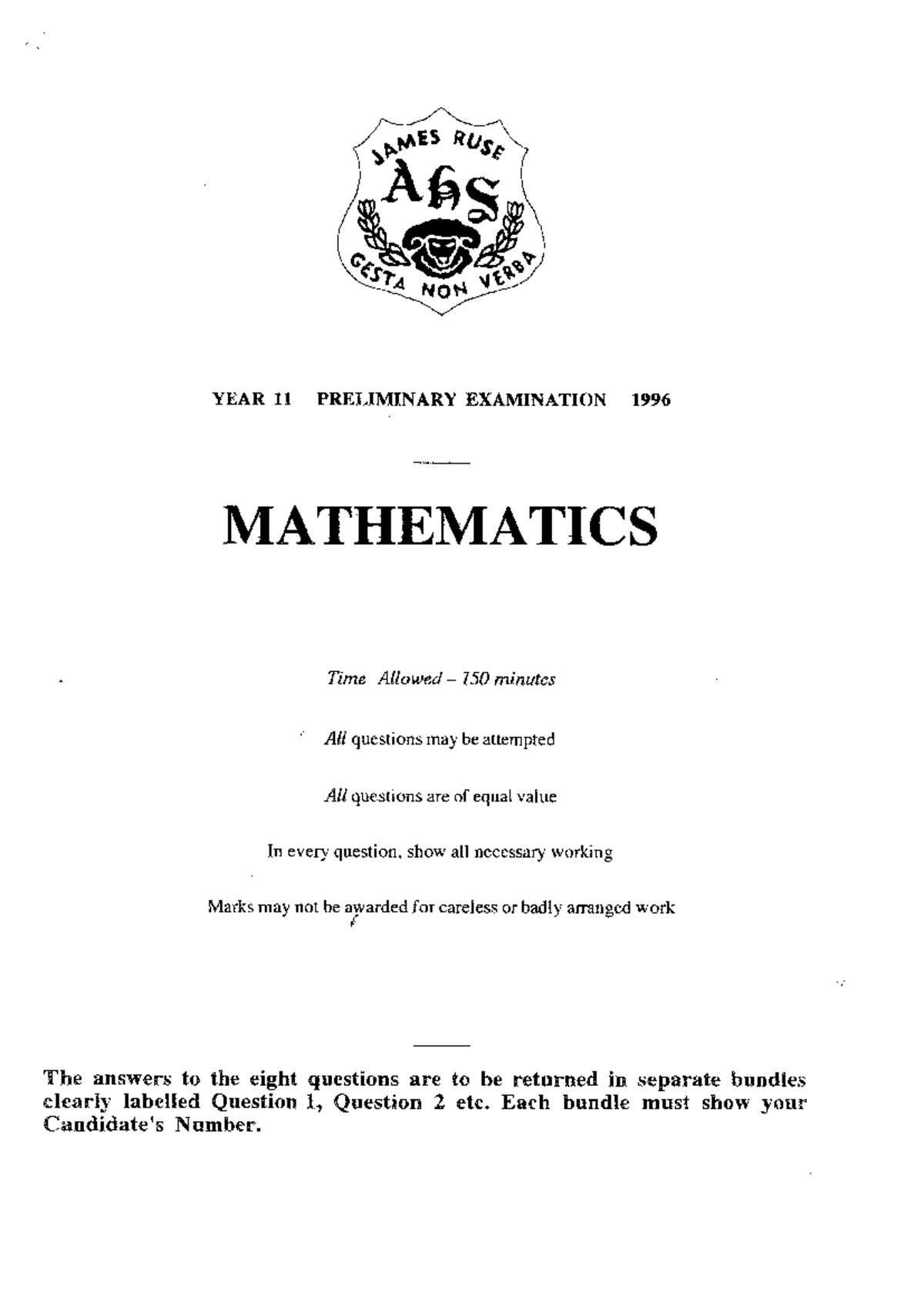 James Ruse 1996 2U Prelim Yearly & Solutions - JAMES RUSE GESTA VERBA ...