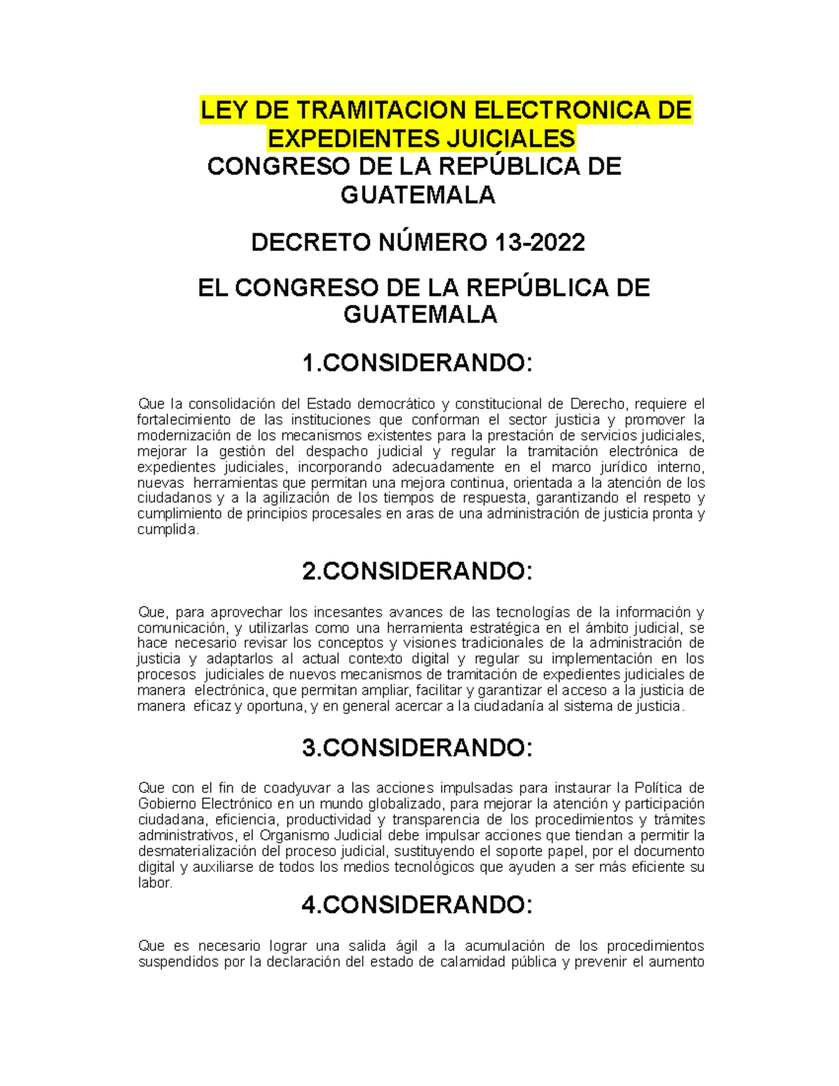 Decreto No. 13-2022 Ley de Tramitación Electrónica de Expedientes ...
