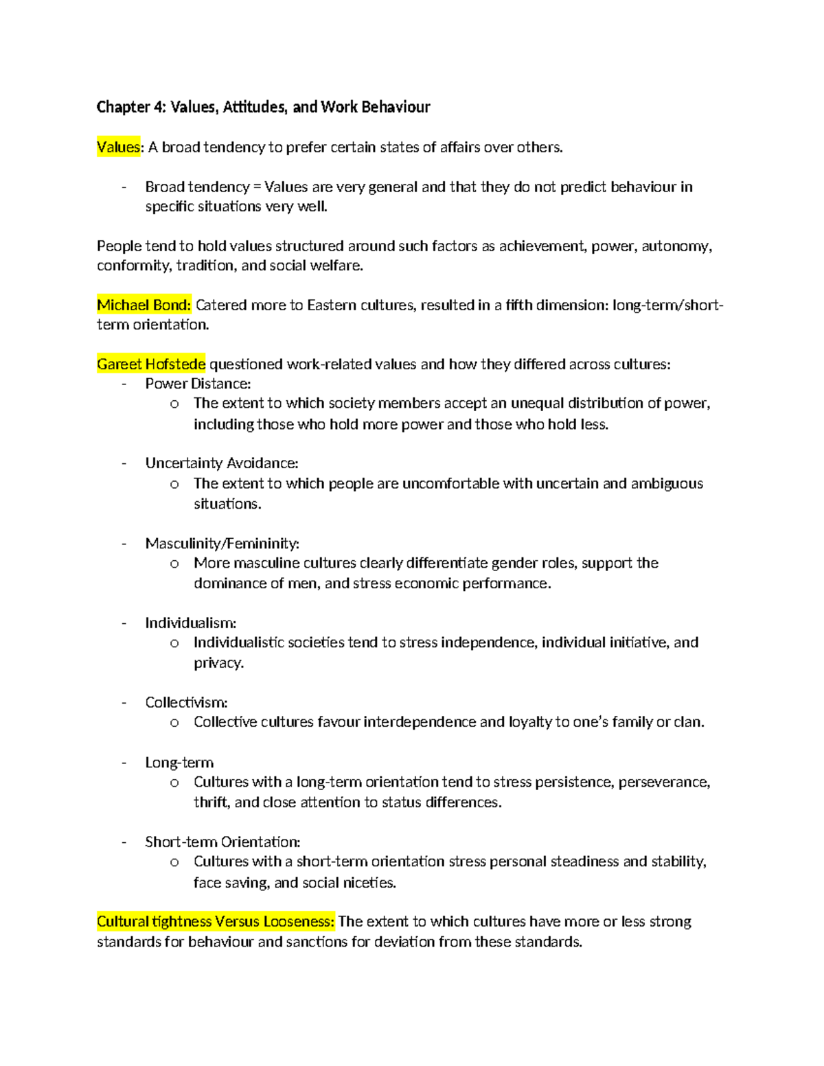 Chapter 4 - Notes - Chapter 4: Values, Attitudes, and Work Behaviour ...