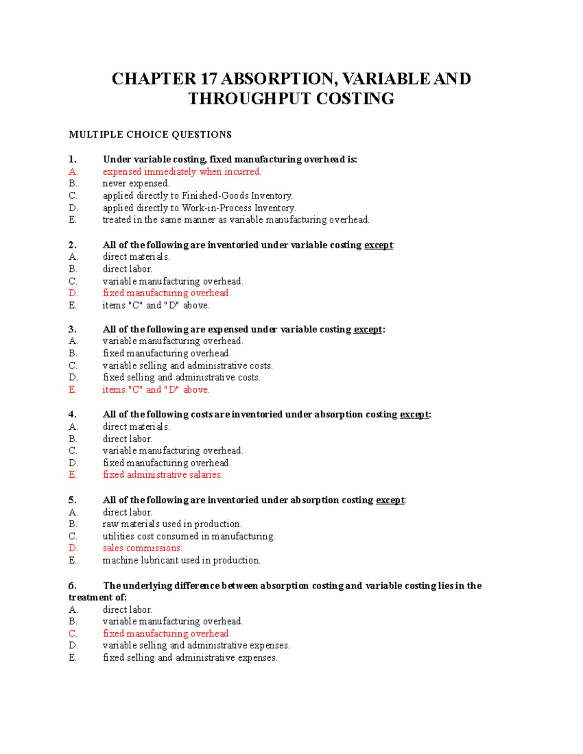 Chapter 17 Absorption red akong answer - CHAPTER 17 ABSORPTION, VARIABLE AND THROUGHPUT COSTING ...
