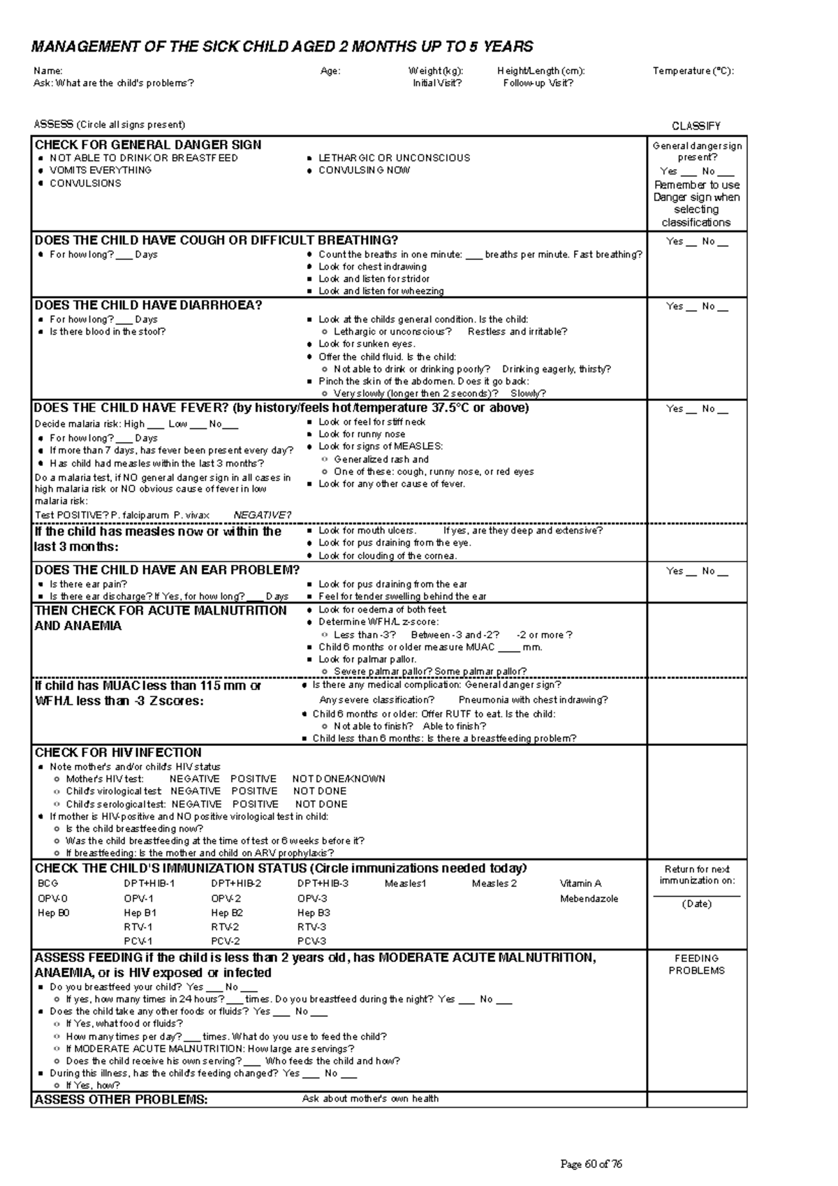 IMCI assessment form - ####### MANAGEMENT OF THE SICK CHILD AGED 2 ...