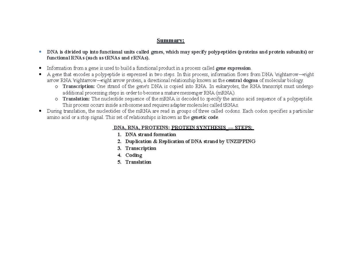 Steps IN Protein Synthesis - Summary: DNA is divided up into functional ...