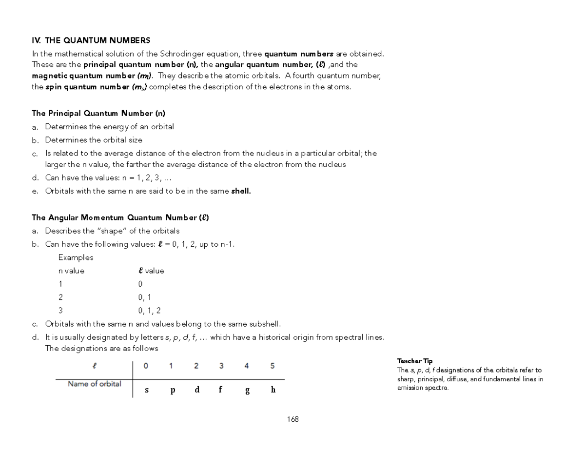 General Chemistry I (16) - IV. THE QUANTUM NUMBERS In the mathematical ...