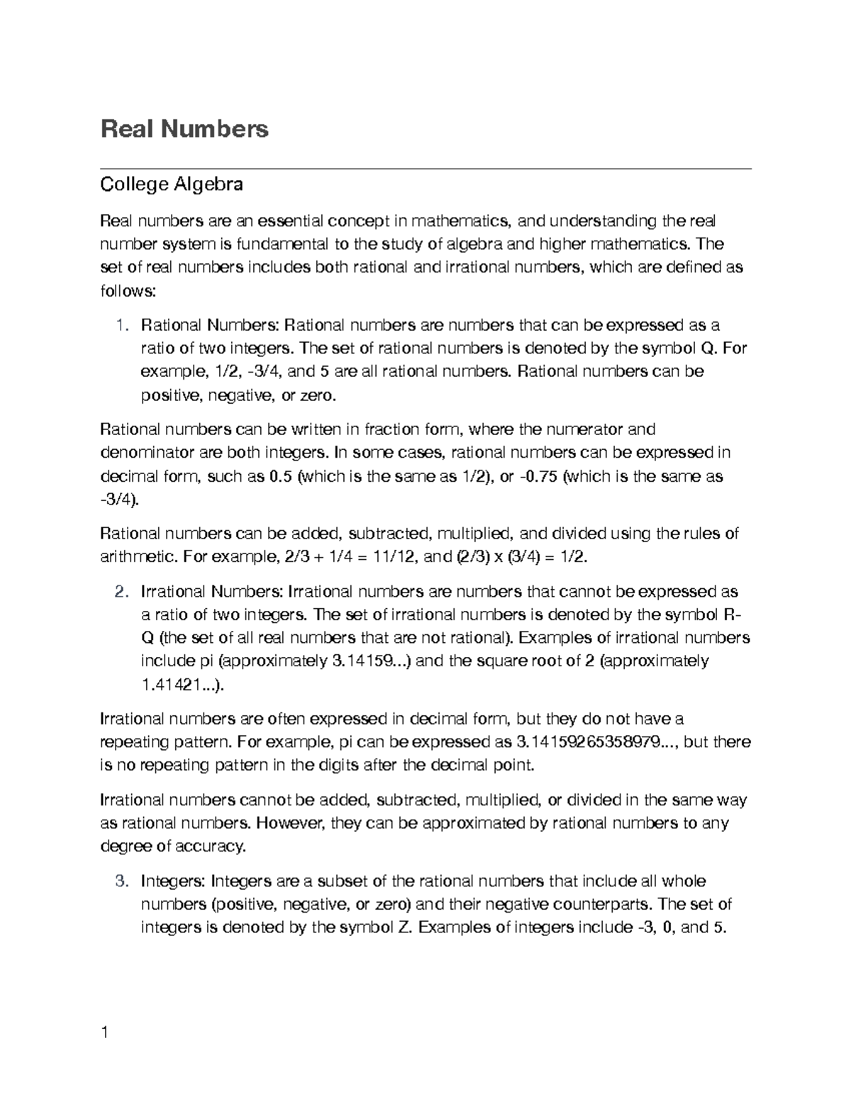 Real Numbers Summary - Real Numbers College Algebra Real numbers are an ...