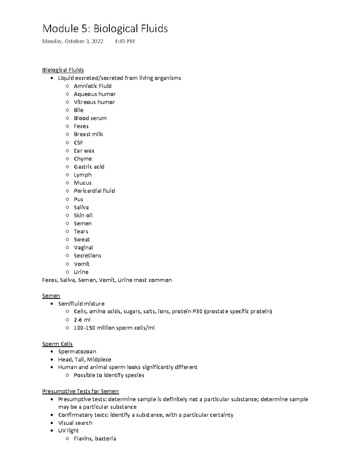 Forensics Module 5 - Dr. Brundage - Biological Fluids Liquid excreted ...