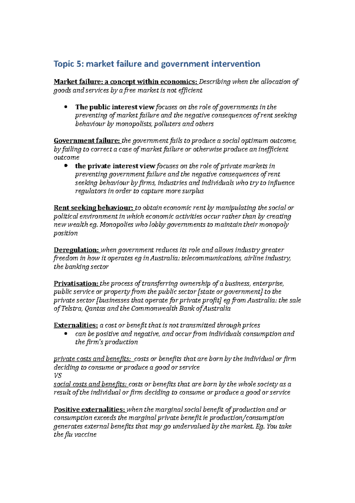 Comprehensive Notes, Lecture 5 - Topic 5: market failure and government ...