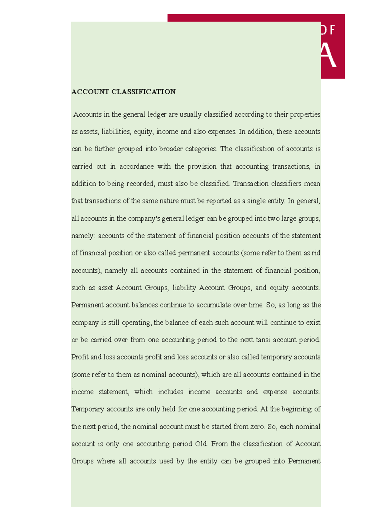 Documents Accounting - Account Classification - ACCOUNT CLASSIFICATION ...