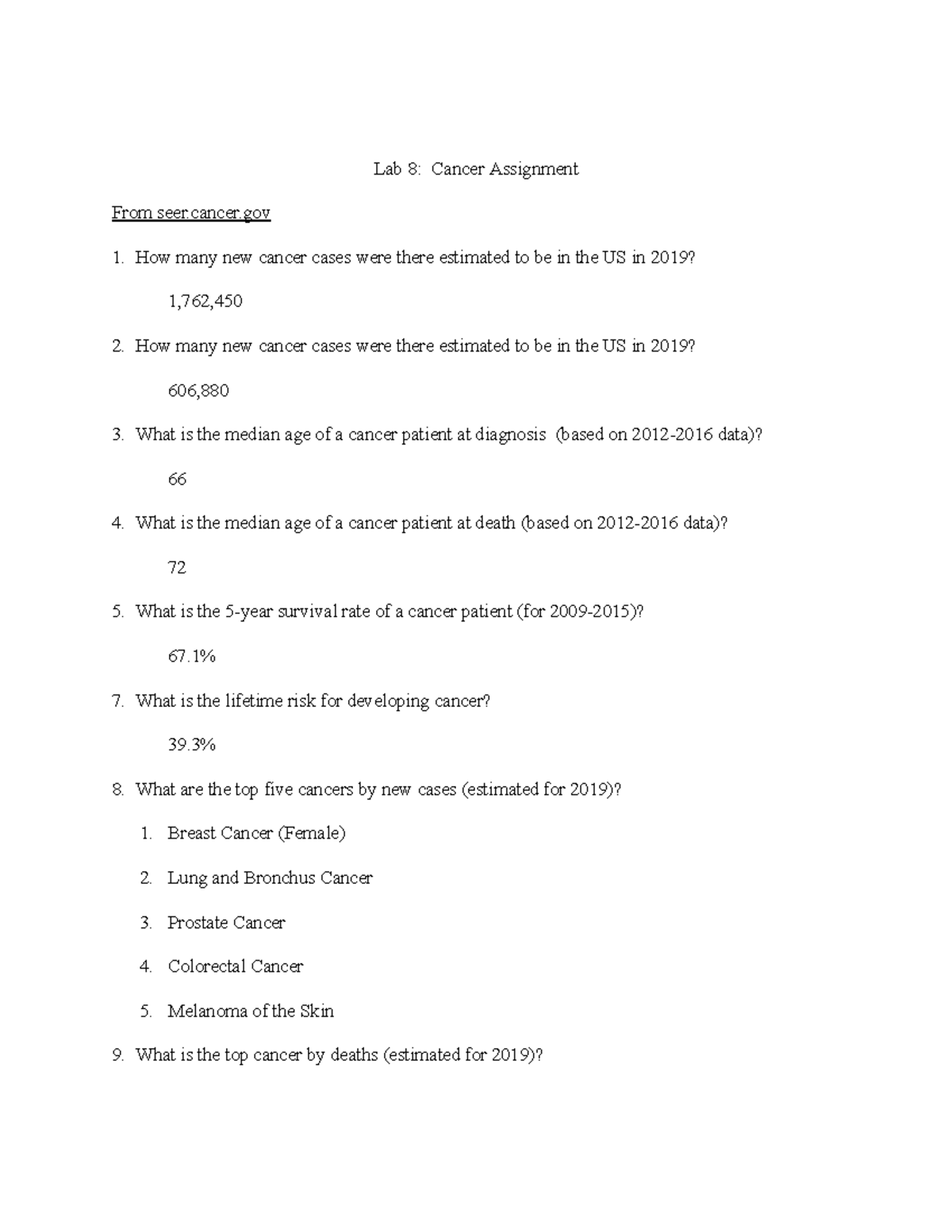 Cell Division Biology 3 - Lab 8: Cancer Assignment From seer.cancer How ...