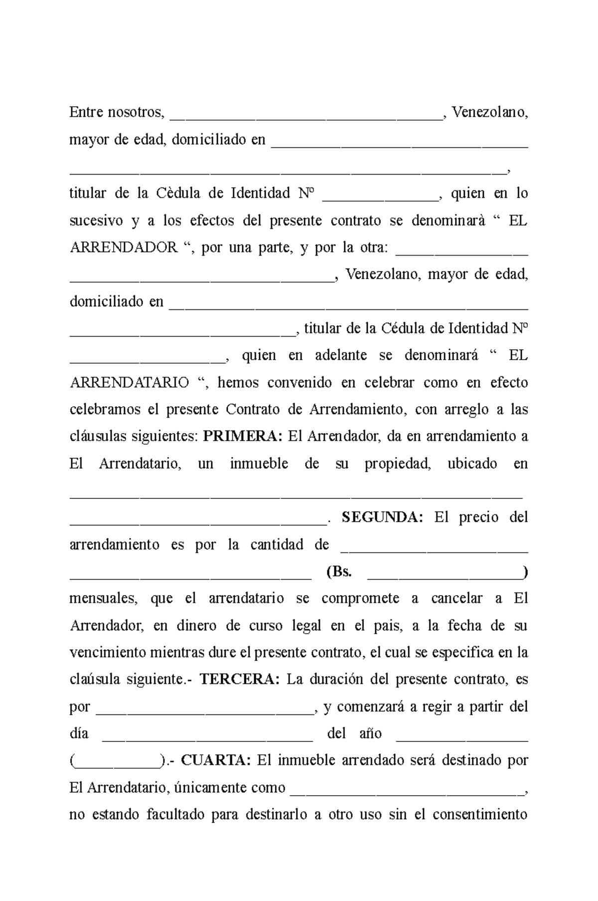 Contrato Arren. SIN Garantia ( Formato) - Entre nosotros