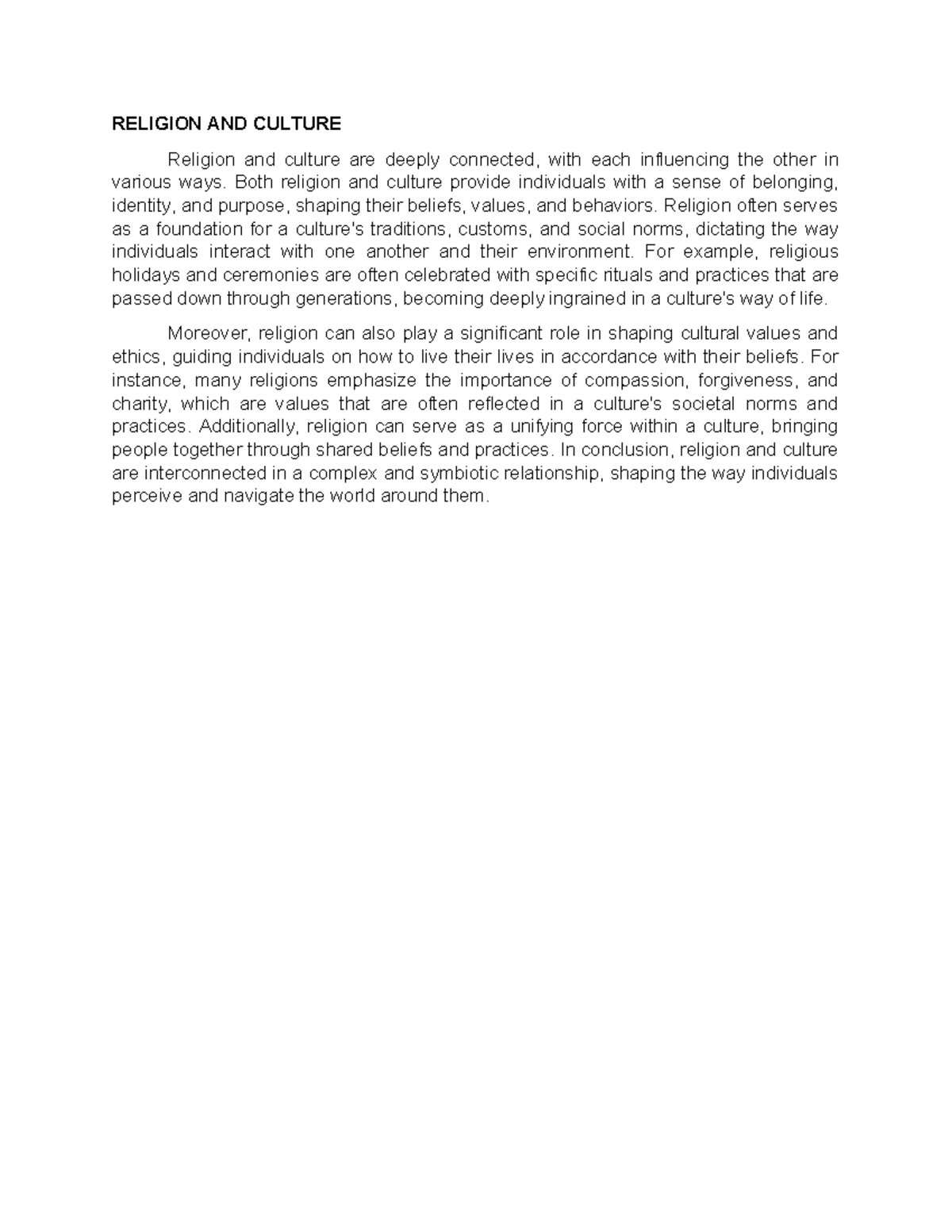 Religion- Culture - RELIGION AND CULTURE Religion and culture are ...