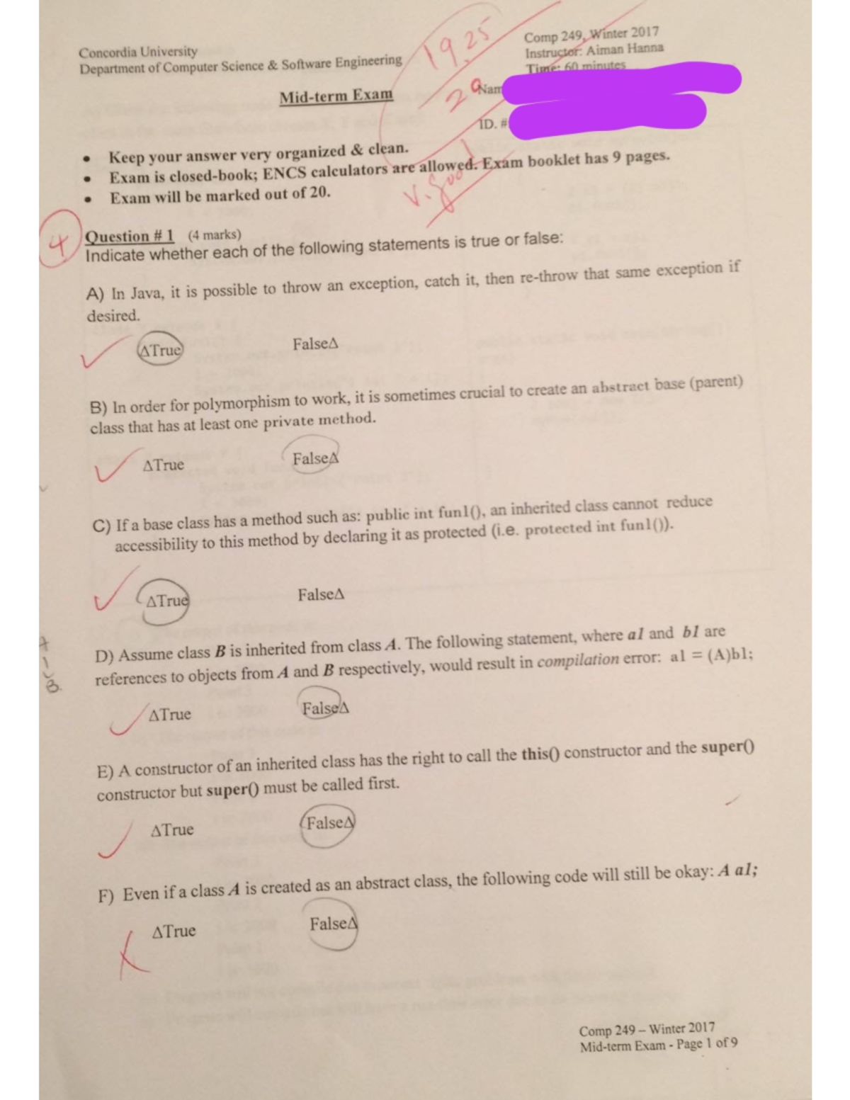 Midterm exam 13 March Winter 2017, questions and answers - Concordia ...