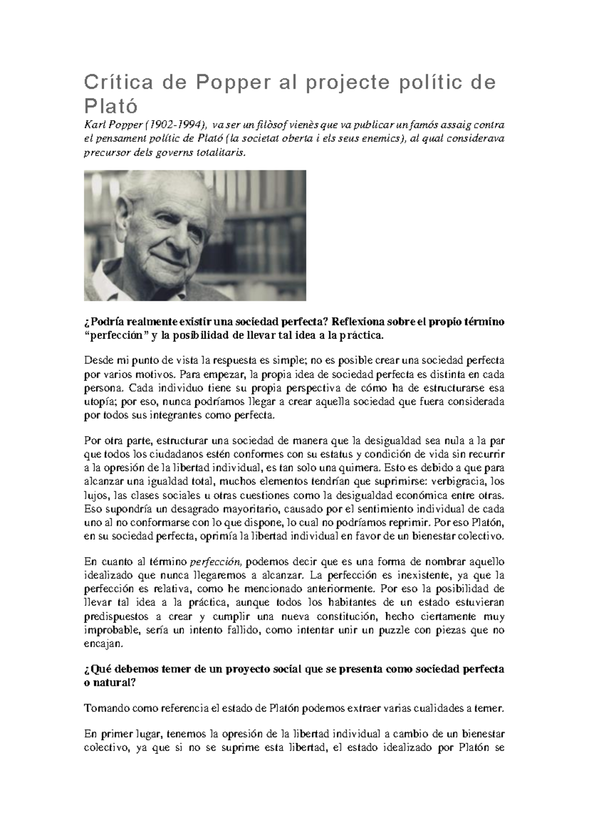 Crítica de Popper al projecte polític de Plató - Crítica de Popper al ...