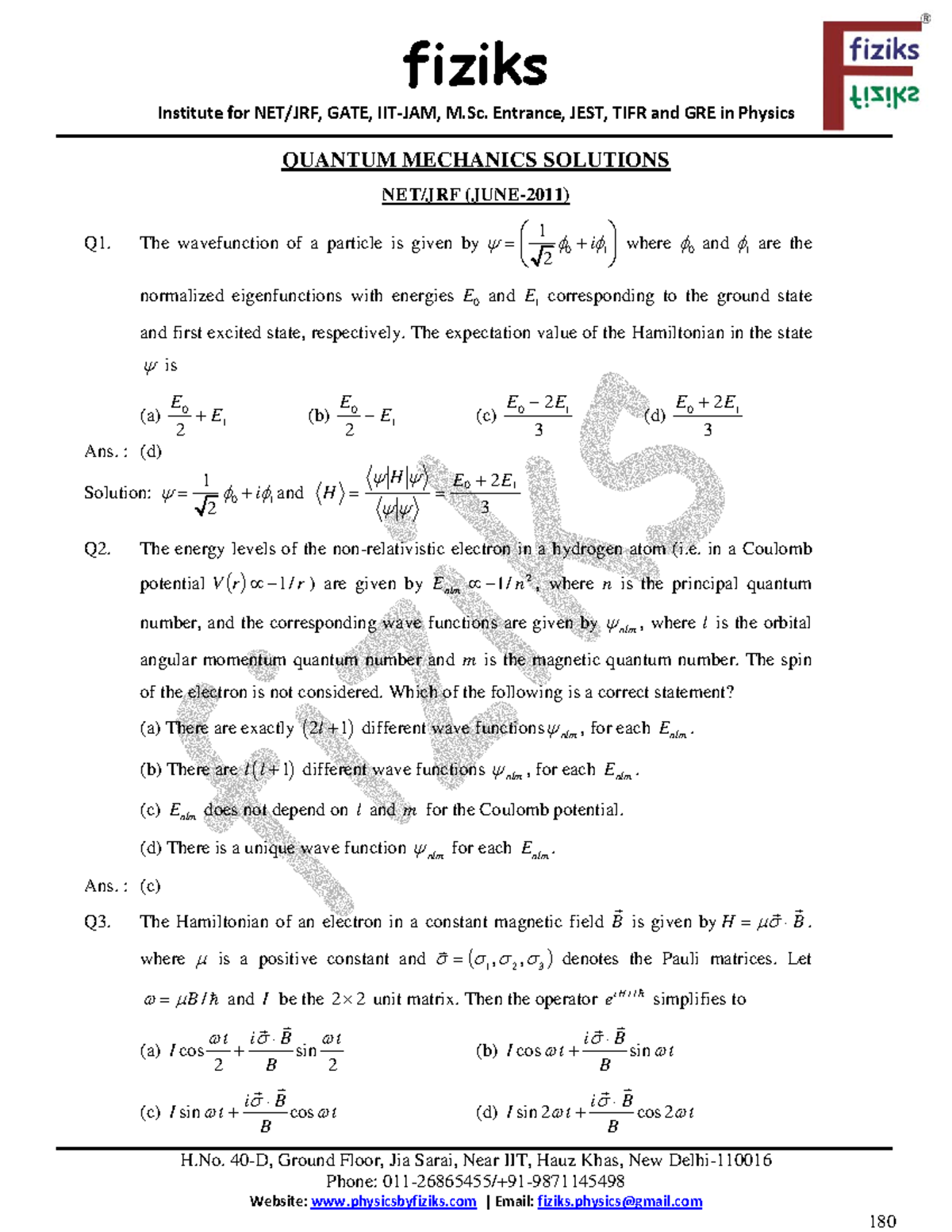 4.Quantum Mechanics NET-JRF - Institute for NET/JRF, GATE, IIT‐JAM, M. Entrance, JEST, TIFR and ...