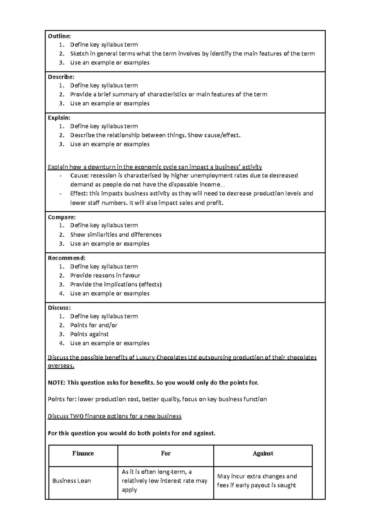 Directive verb scaffold table - Outline: 1. Define key syllabus term 2 ...