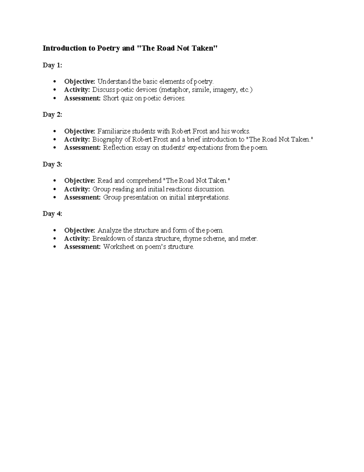 Introduction to Poetry and - Activity: Discuss poetic devices (metaphor ...