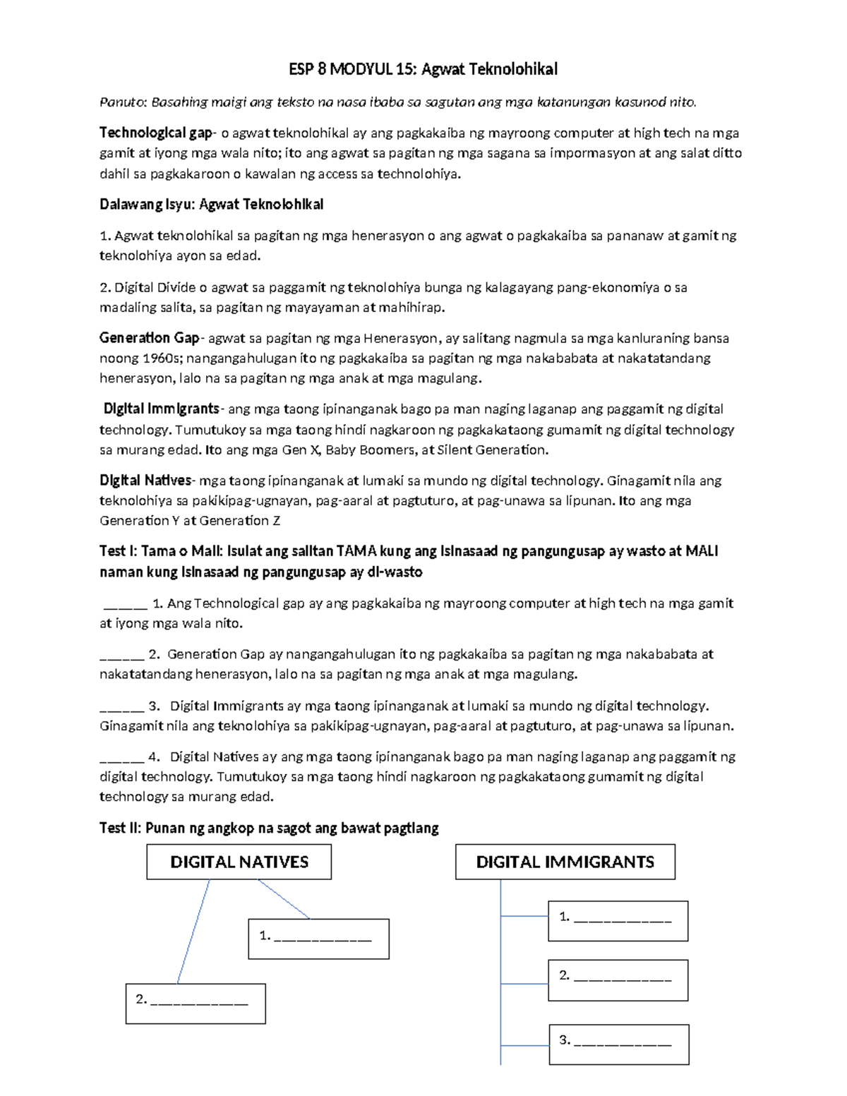 ESP 8 Modyul 15 learning activity sheet - ESP 8 MODYUL 15: Agwat Teknolohikal Panuto: Basahing ...