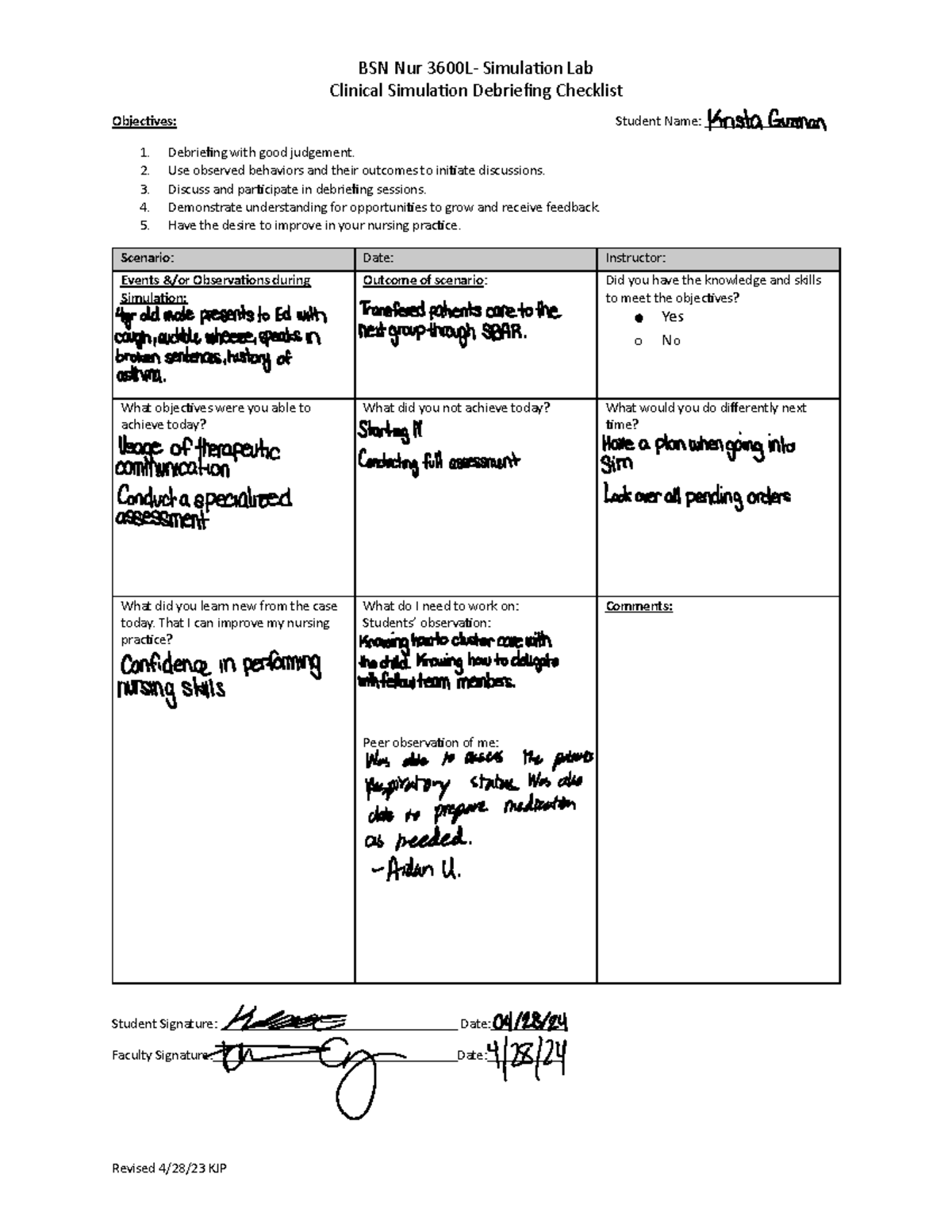 Nur 3600L Clinical Simulation Lab Debriefing Checklist pdf - BSN Nur ...