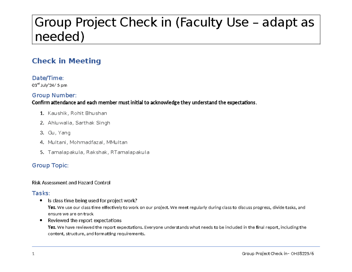 OHS8226 Group Project - Check in Meeting Checklist - Group Project ...