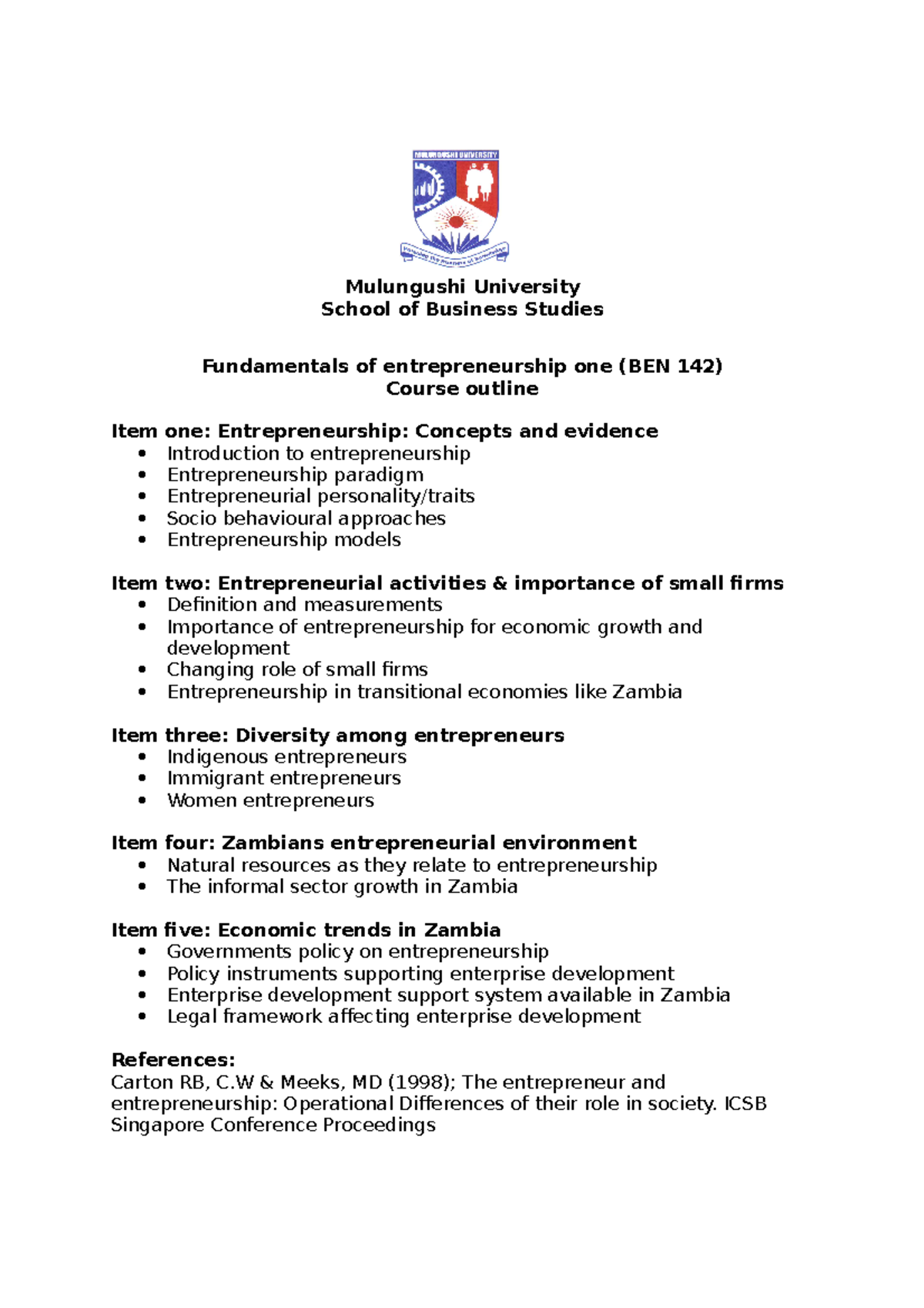 Ben 142 Course Outline - Mulungushi University School of Business ...