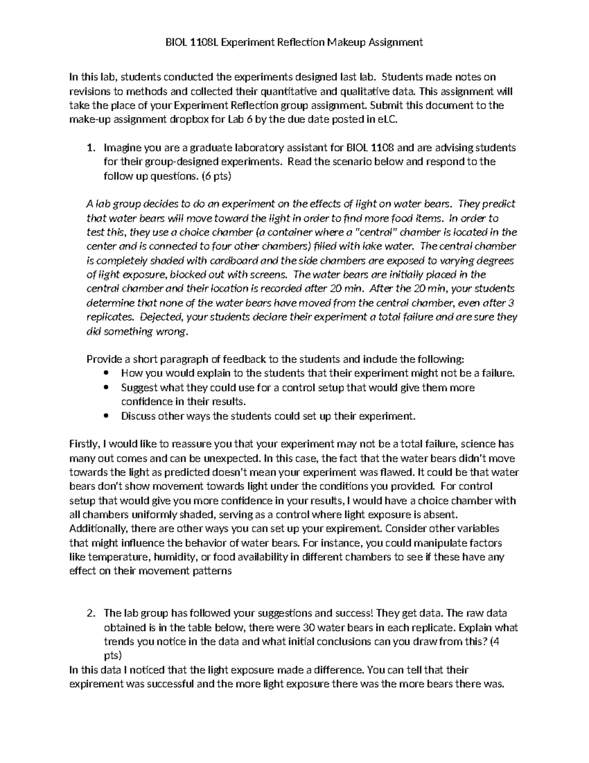 BIOL 1108 L Experiment Reflection Makeup Assignment - Students made ...