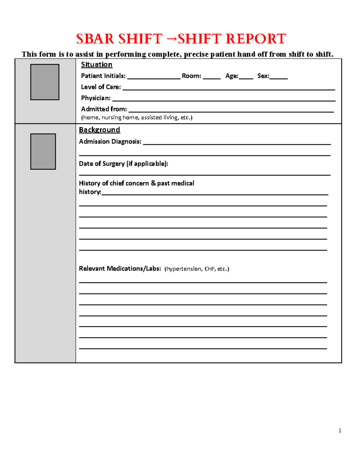 Blank SBAR Nursing Report 1161 - SBAR SHIFT →SHIFT REPORT This form is ...