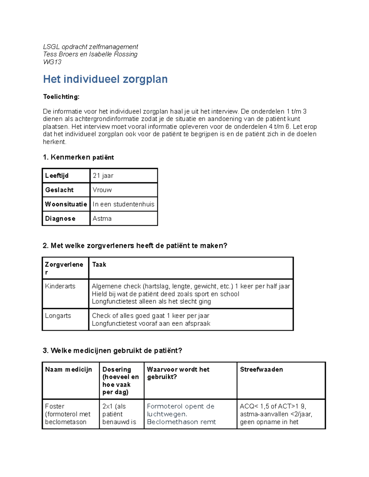 LSGL zorgplan - LSGL opdracht zelfmanagement Tess Broers en Isabelle ...