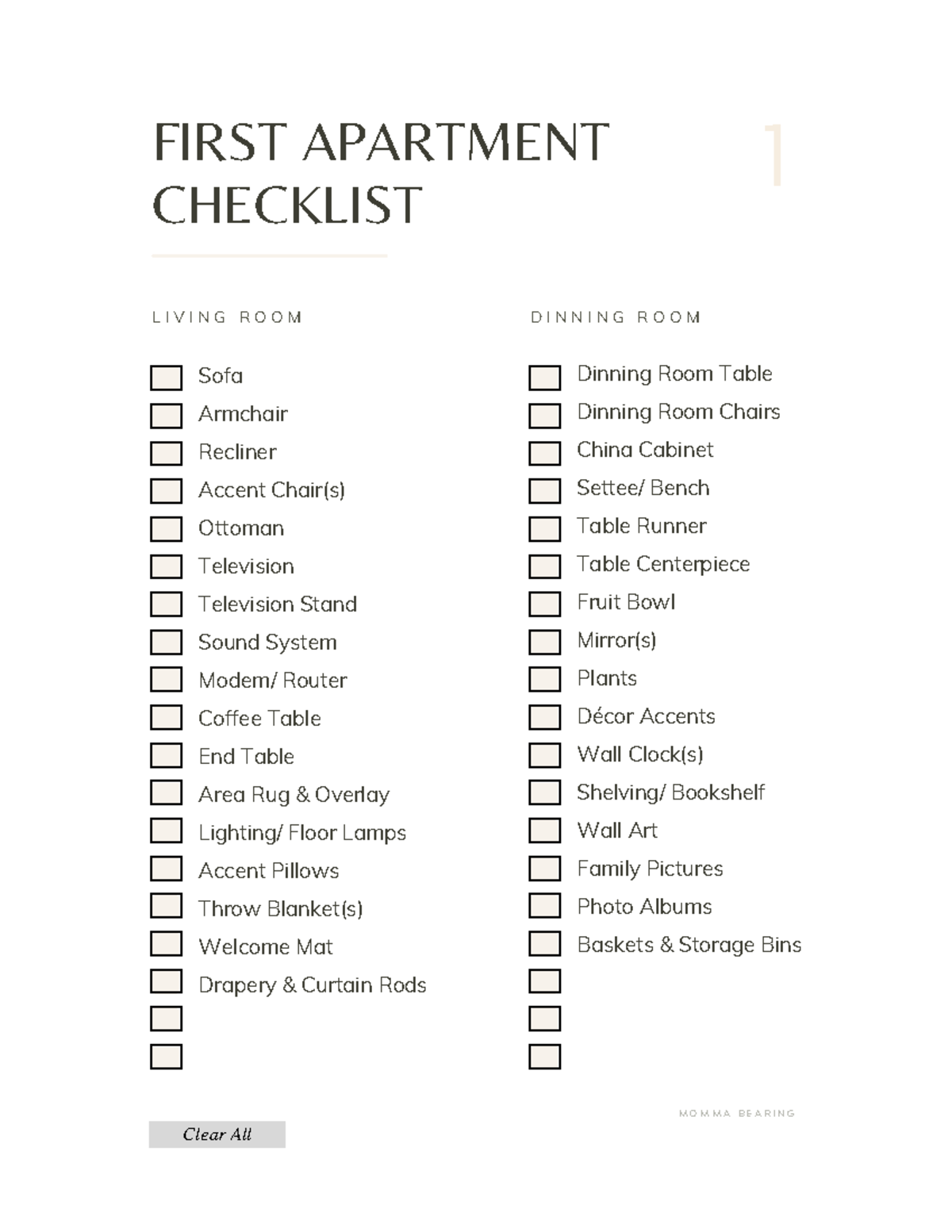 Checklist Fillable-Letter Size - L I V I N G R O O M Sofa Armchair ...