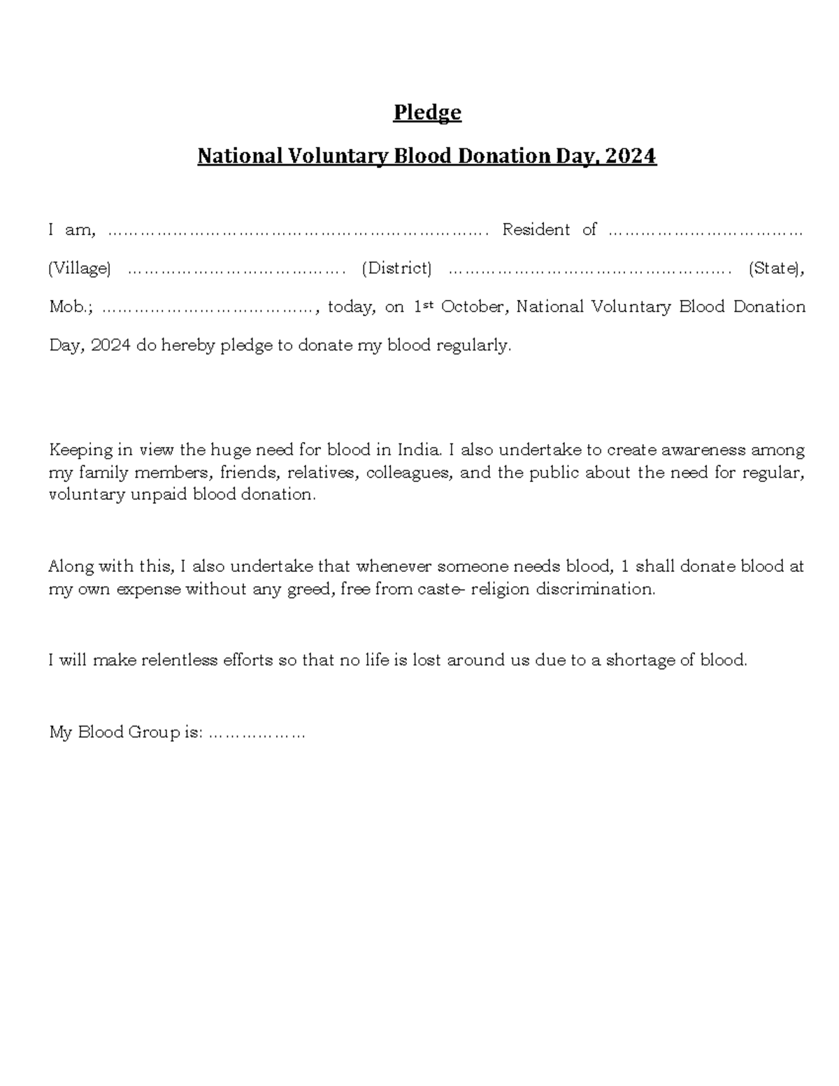 Blood Donation Pledge - jked - Pledge National Voluntary Blood Donation ...