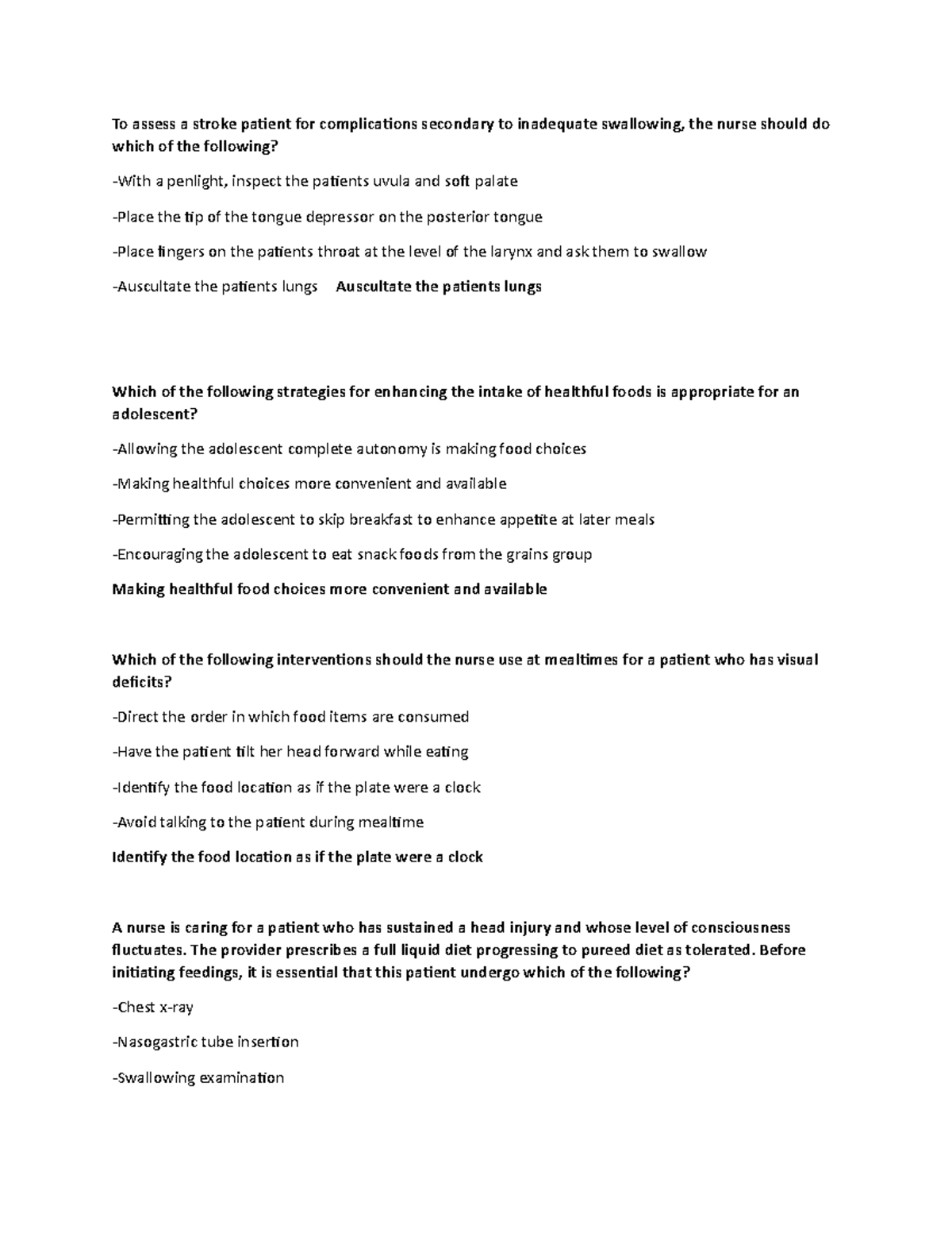 ATI Nutrition - ATI - To assess a stroke patient for complications ...