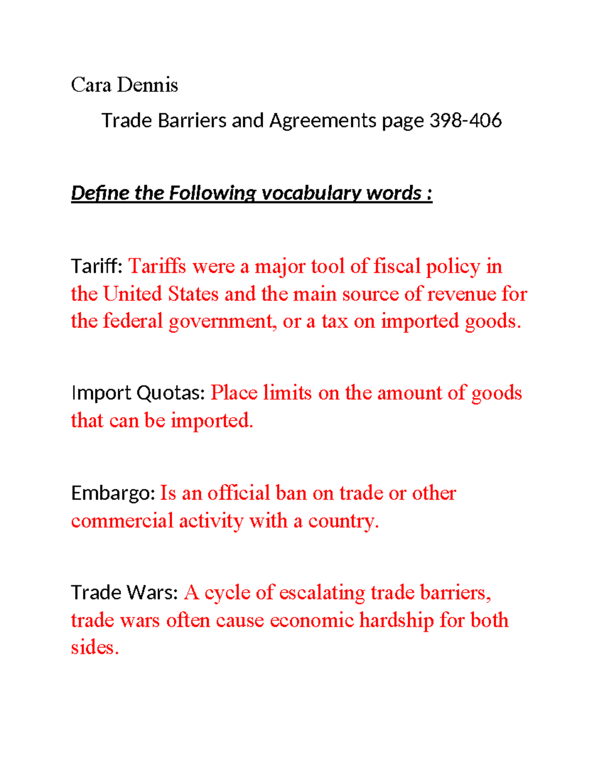 Trade and Barriers page 398-406 - Cara Dennis Trade Barriers and ...