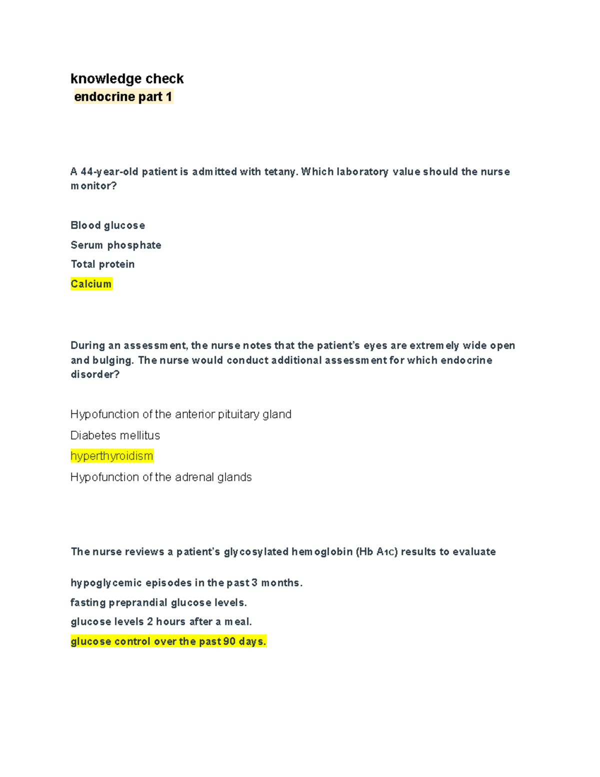Knowledge check endocrine part 1 - Which laboratory value should the ...