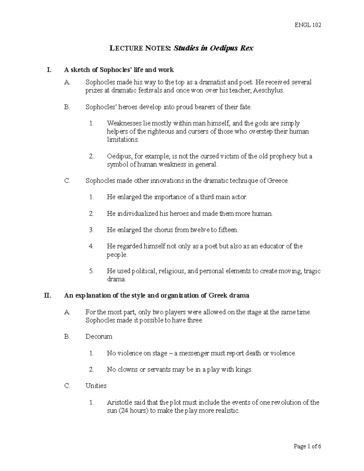 Lecture Notes Studies in Oedipus Rex - LECTURE NOTES: Studies in ...