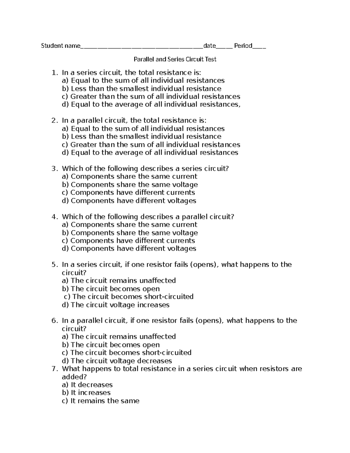 Parallel and Series Circuit Test - Student name ...