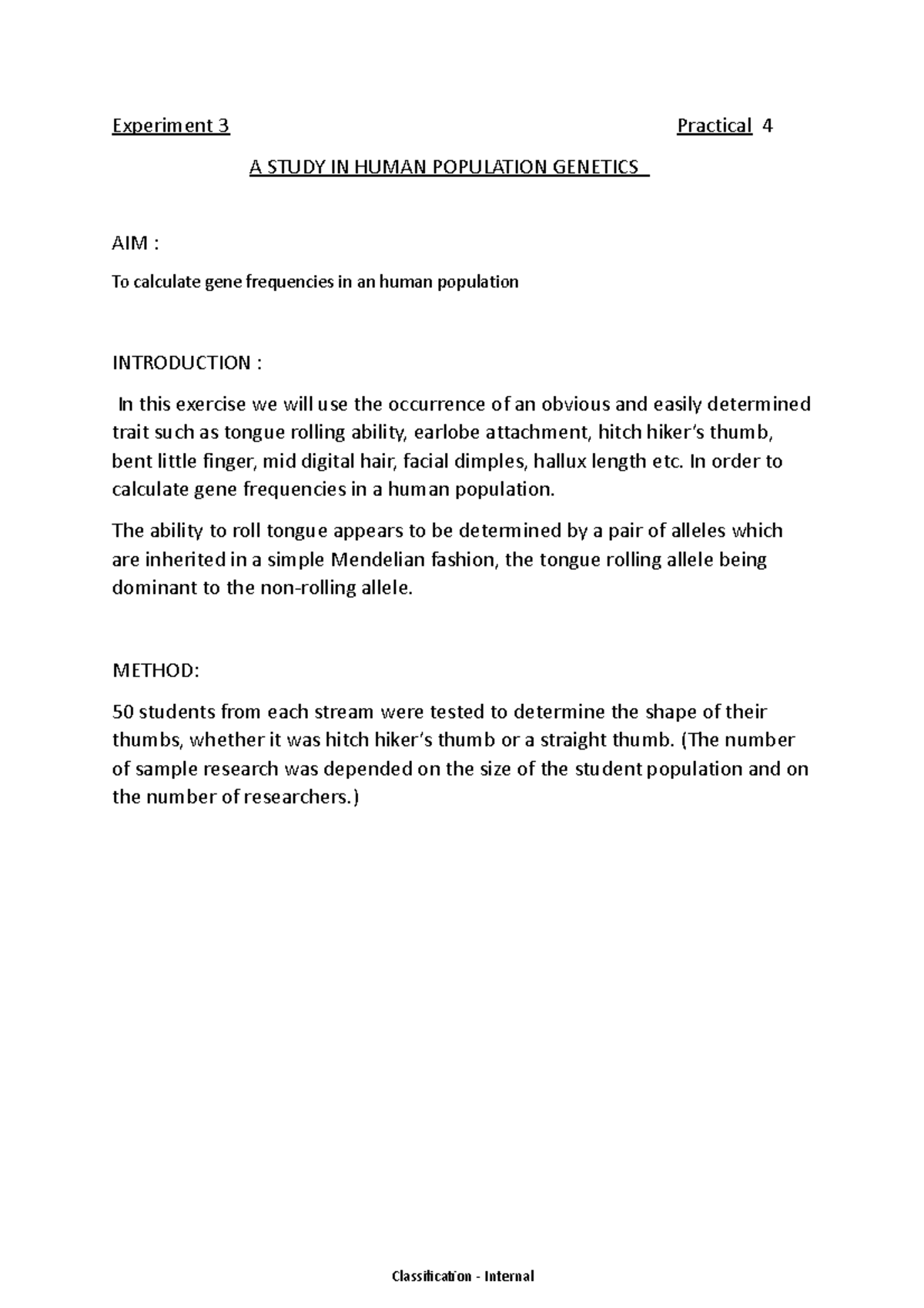 Bio Lab FULL AND Final - Lab - Experiment 3 Practical 4 A STUDY IN ...