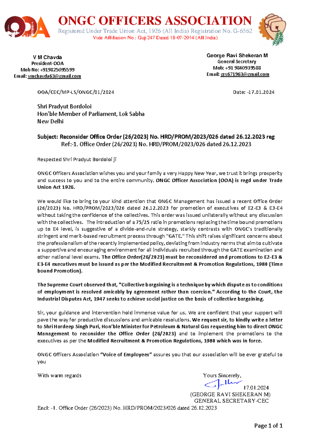 Letter to Pradyut Bordoloi MP LS INS Assam dtd 17 - Page 1 of 1 ONGC ...