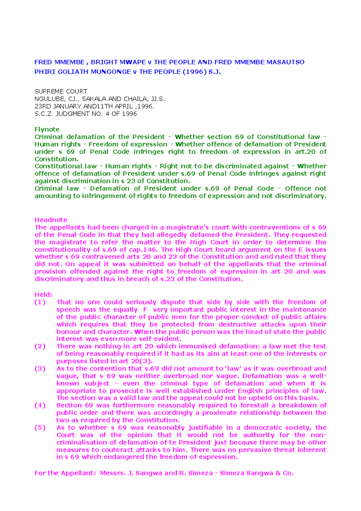 1996-zmsc-8 - Fred M'membe v The people case - FRED MMEMBE , BRIGHT ...