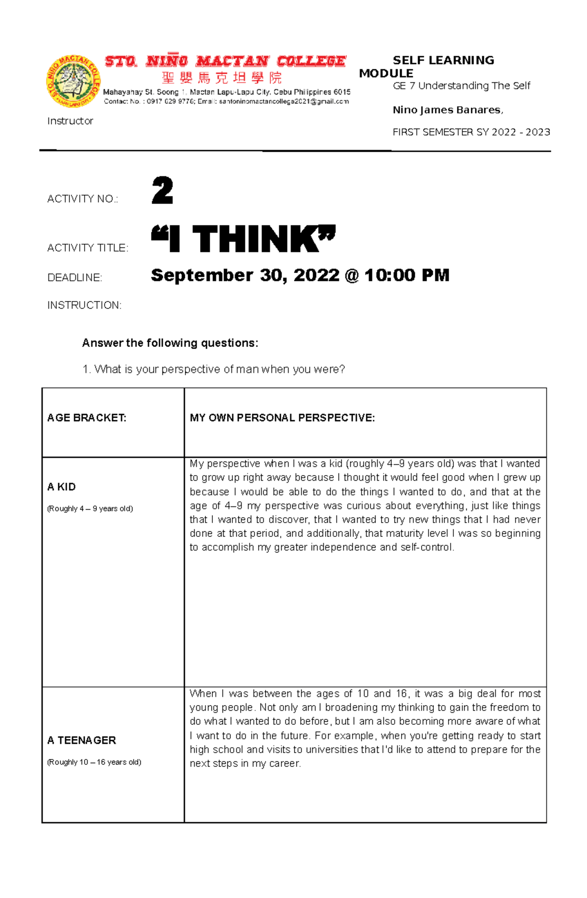 Duran Midterm Activity 2 I Think - SELF LEARNING MODULE GE 7 Understanding The Self Nino James ...