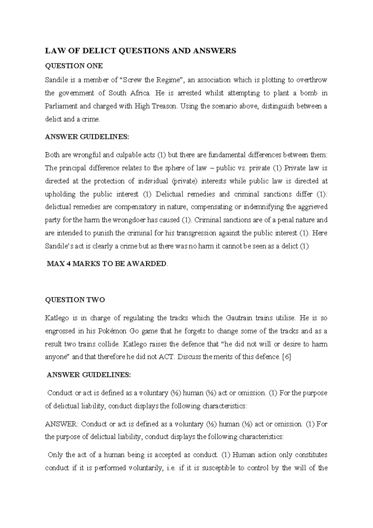 LAW OF Delict Contribution - LAW OF DELICT QUESTIONS AND ANSWERS ...