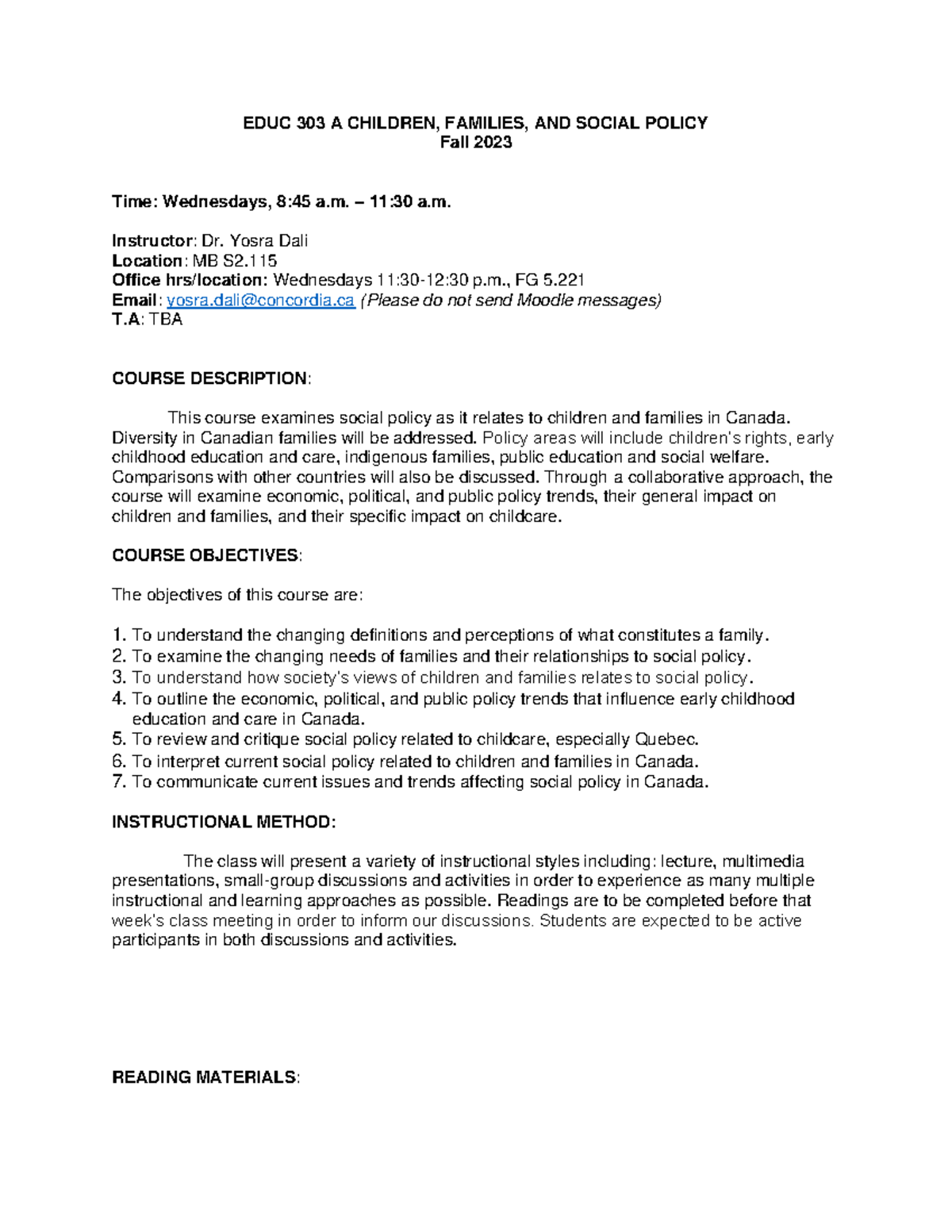 Outline educ303 Fall23 edited PDF - EDUC 303 A CHILDREN, FAMILIES, AND ...