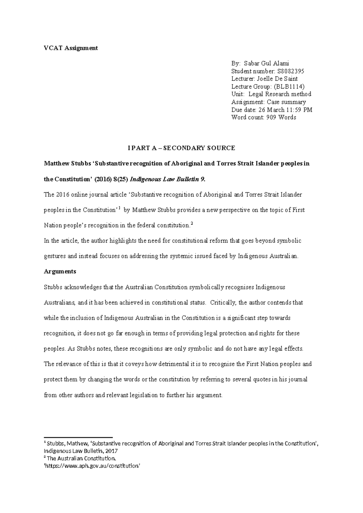 Assessment 1 Blb1114 - assignemnt template - VCAT Assignment By: Sabar ...