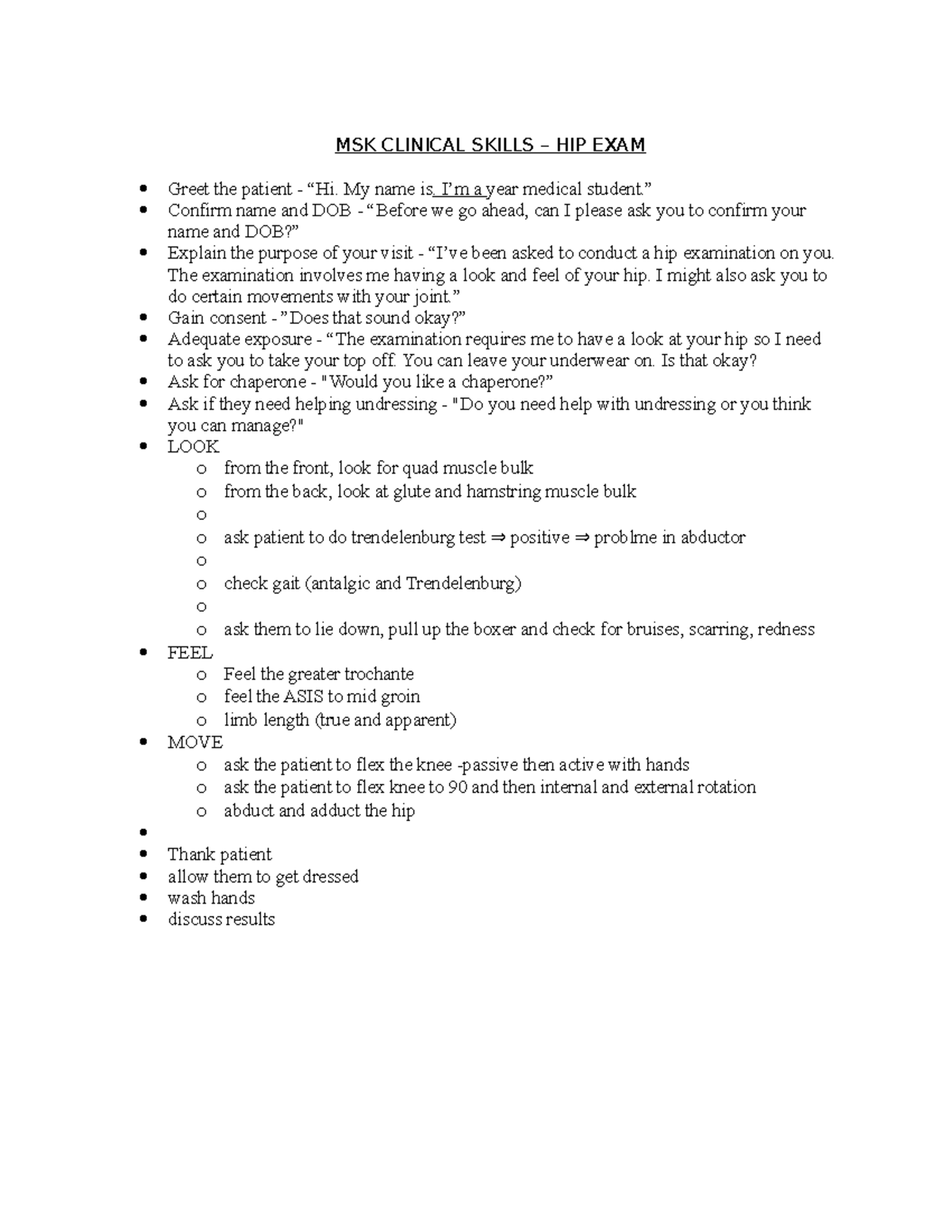 MSK Clinical Skills - HIP EXAM - MSK CLINICAL SKILLS – HIP EXAM Greet ...
