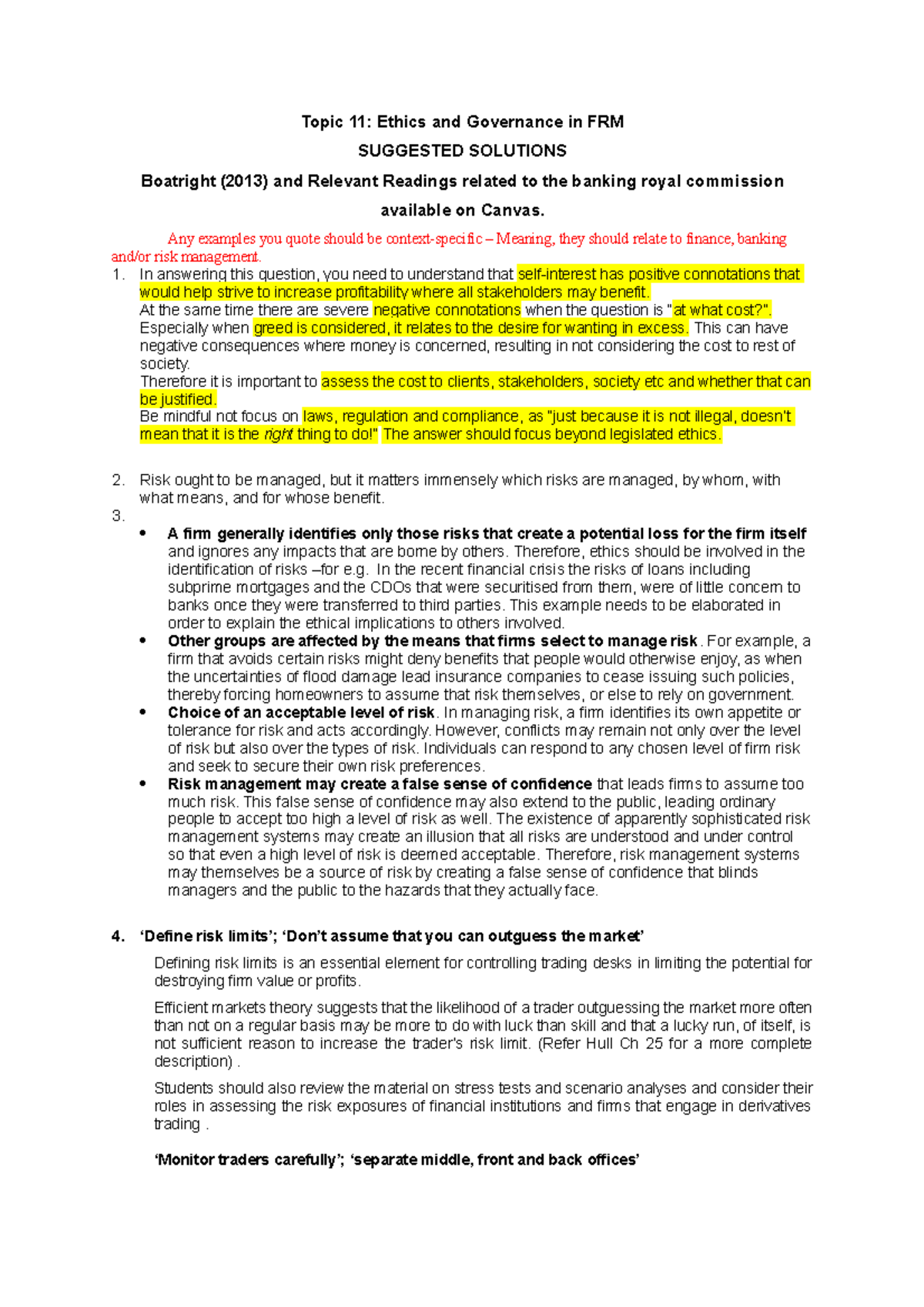 Solutions Topic 11 - Tutorial - Topic 11: Ethics and Governance in FRM ...
