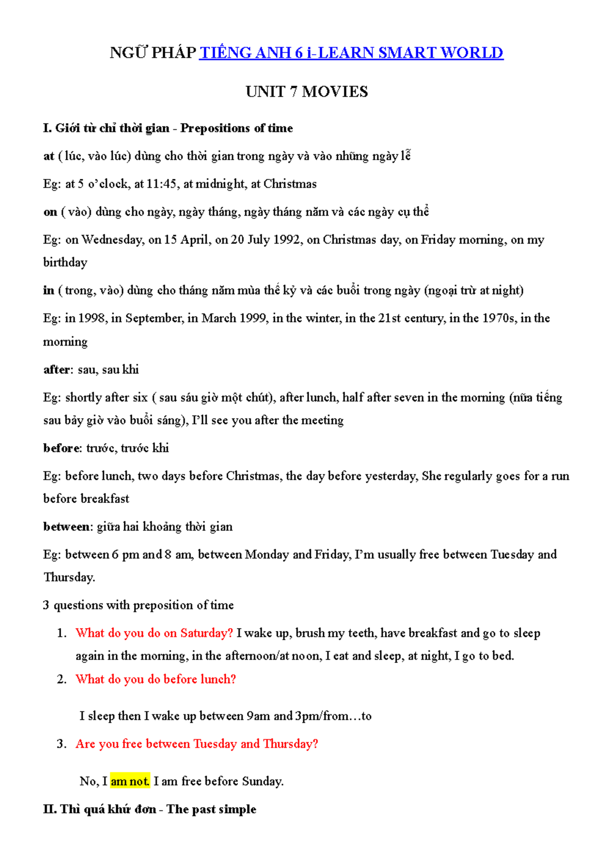 Ngu phap unit 7 lop 6 movies - NGỮ PHÁP TIẾNG ANH 6 i-LEARN SMART WORLD UNIT 7 MOVIES I. Giới từ ...